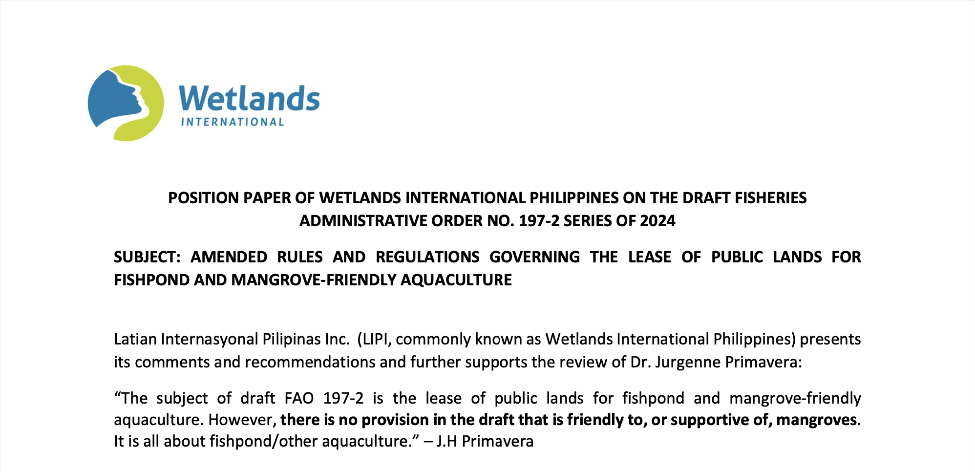 Position Paper: Draft FAO 197-2 - Wetlands International Philippines
